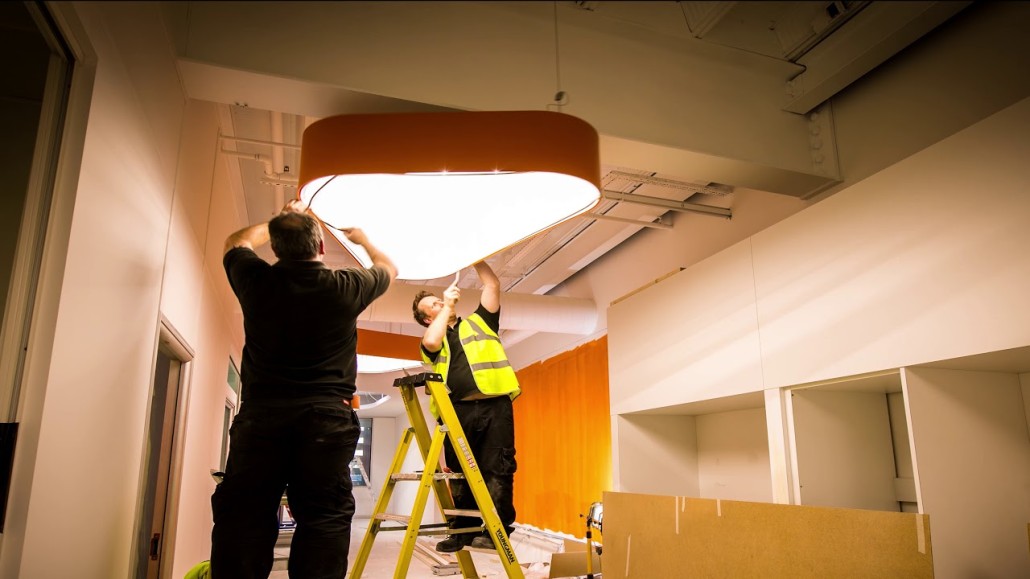 Barrisol Lighting Installation Of Bespoke Orange Pendants
